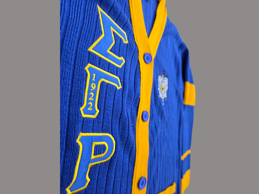 Sigma Gamma Rho Striped Knitted Cardigan Sweater, Royal Blue & Gold ...